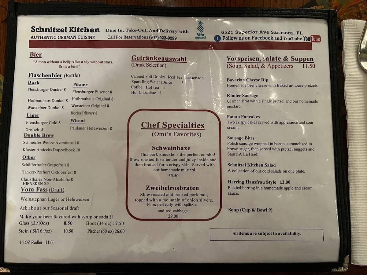 Menu at Heidi’s Schnitzel Kitchen restaurant, Sarasota