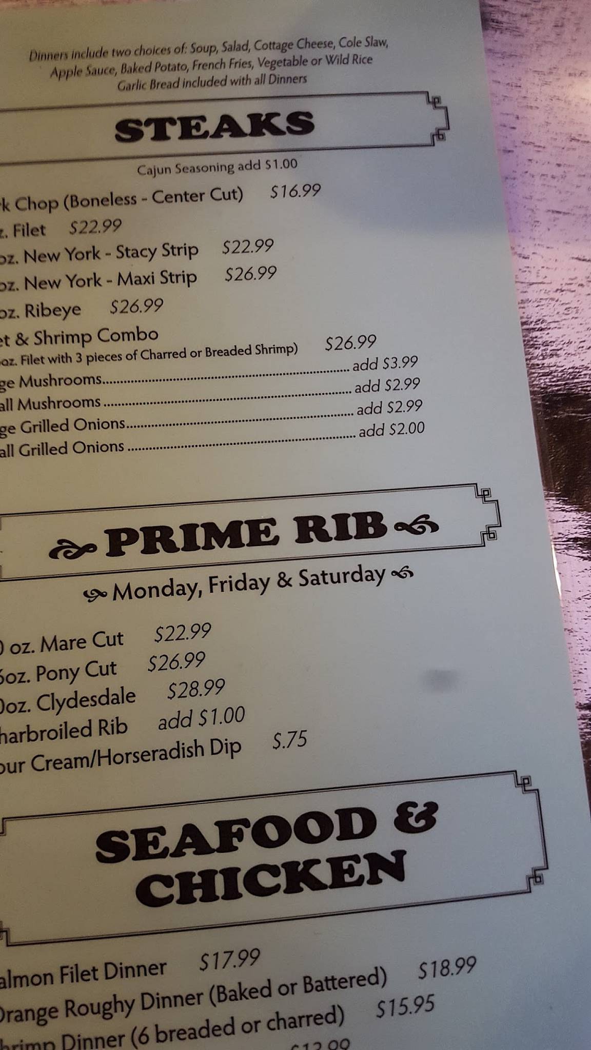 Menu at Heinnies steakhouse, Elkhart