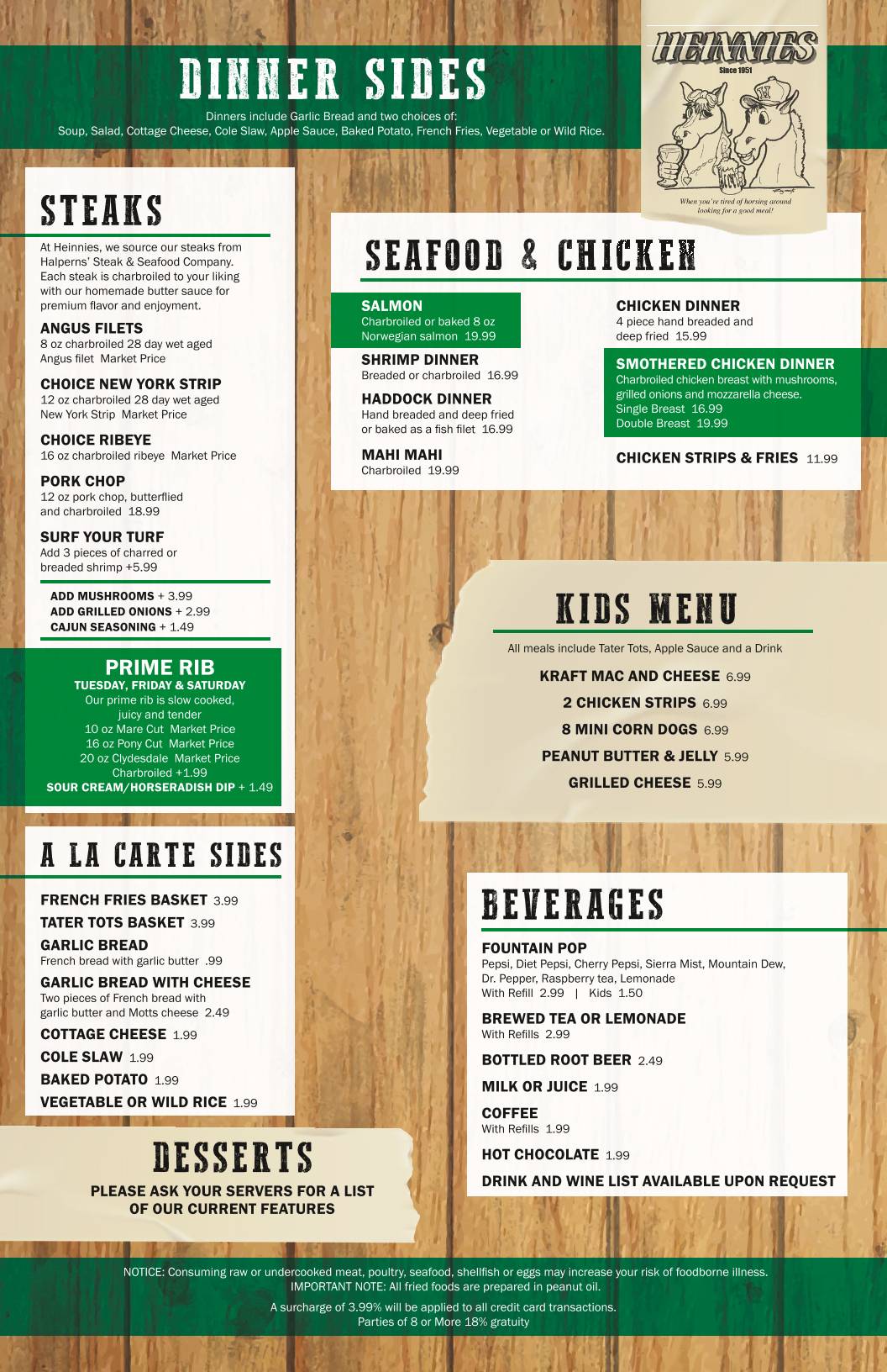 Menu at Heinnies steakhouse, Elkhart