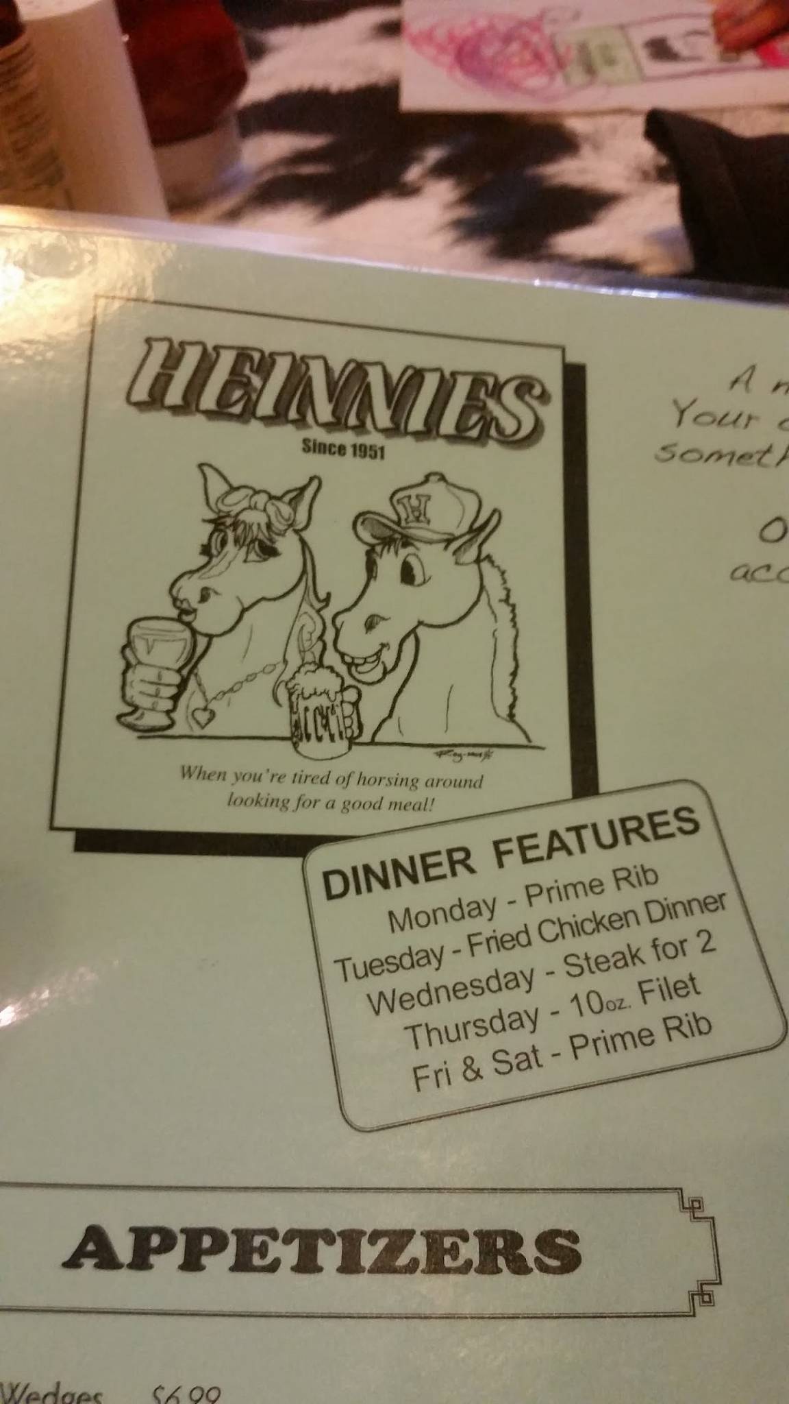 Menu at Heinnies steakhouse, Elkhart