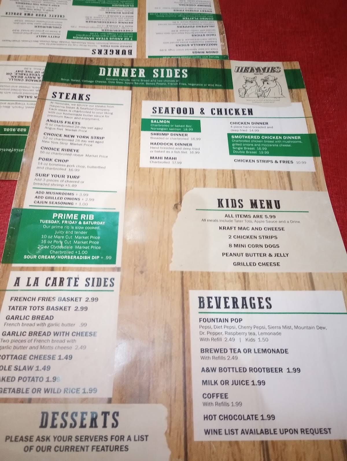 Menu at Heinnies steakhouse, Elkhart