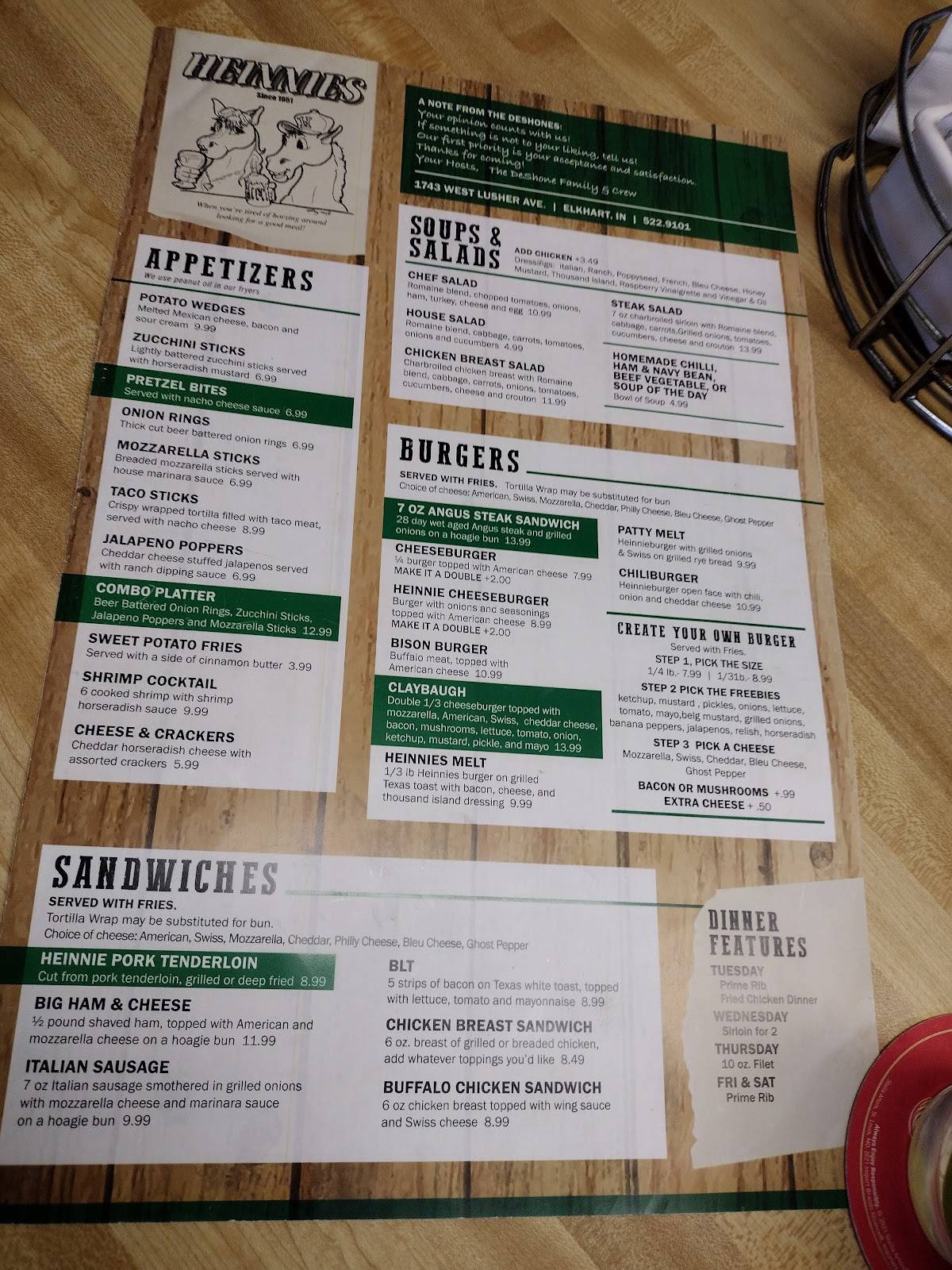 Menu at Heinnies steakhouse, Elkhart