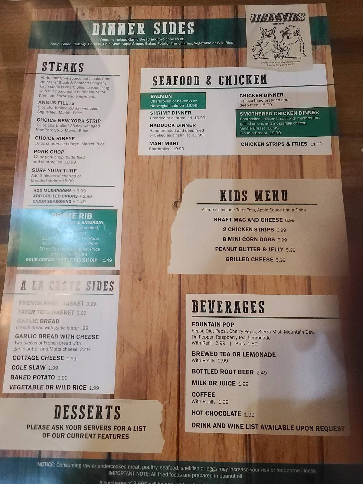 Menu at Heinnies steakhouse, Elkhart