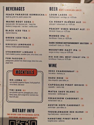 Menu at Heirloom restaurant, Fresno