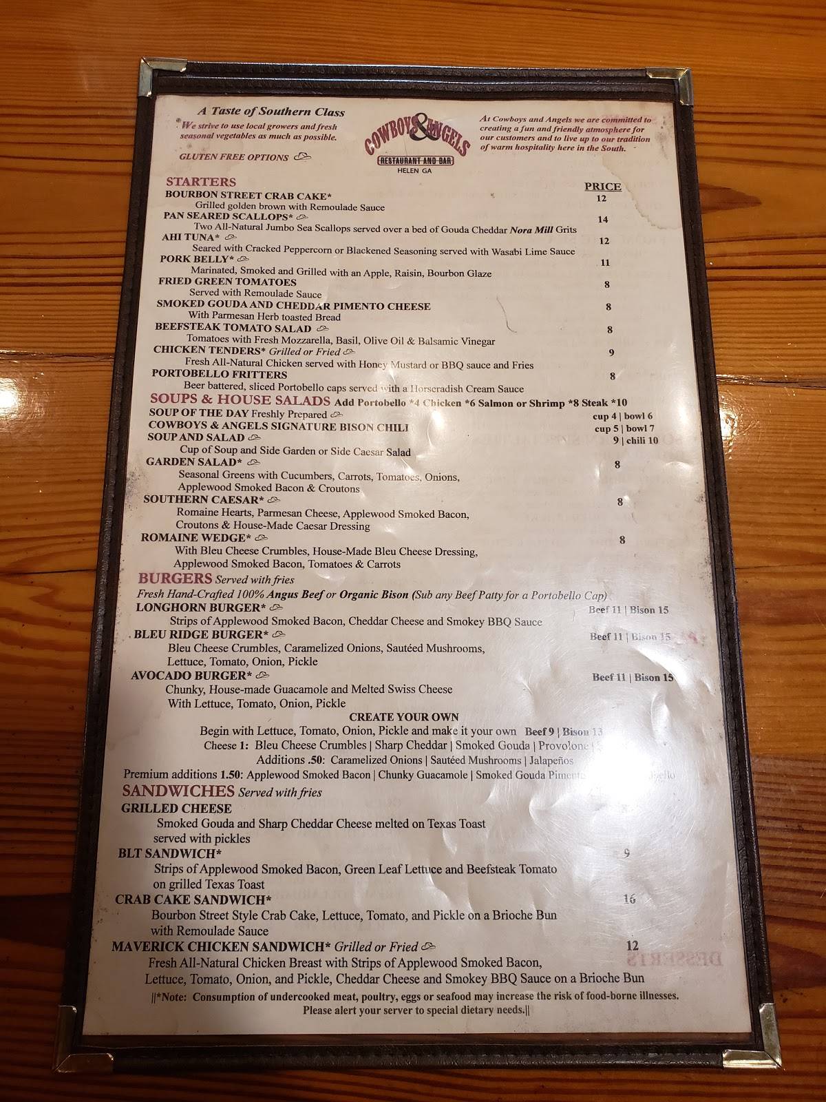 Menu at Cowboys & Angels Restaurant, Helen