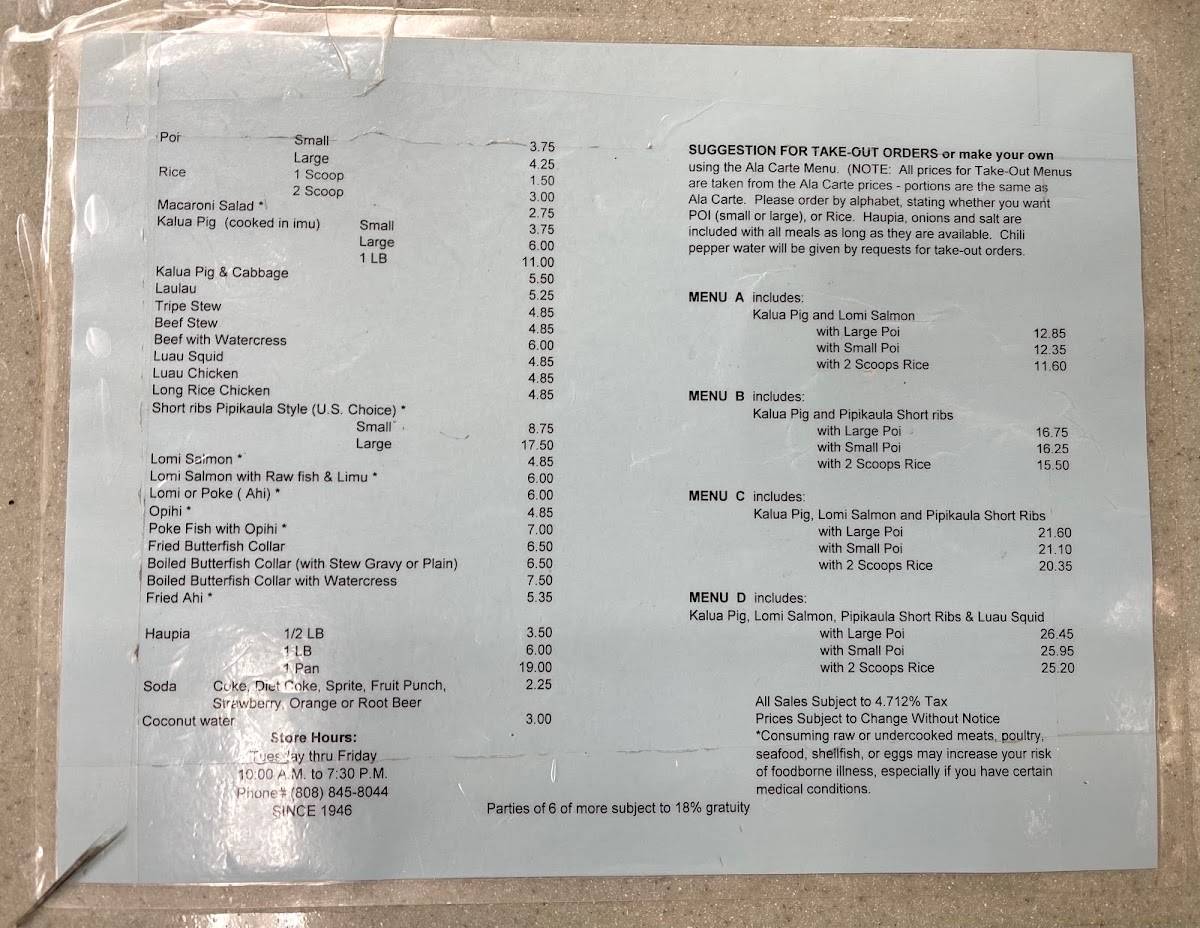 Menu at Helena's Hawaiian Food restaurant, Honolulu