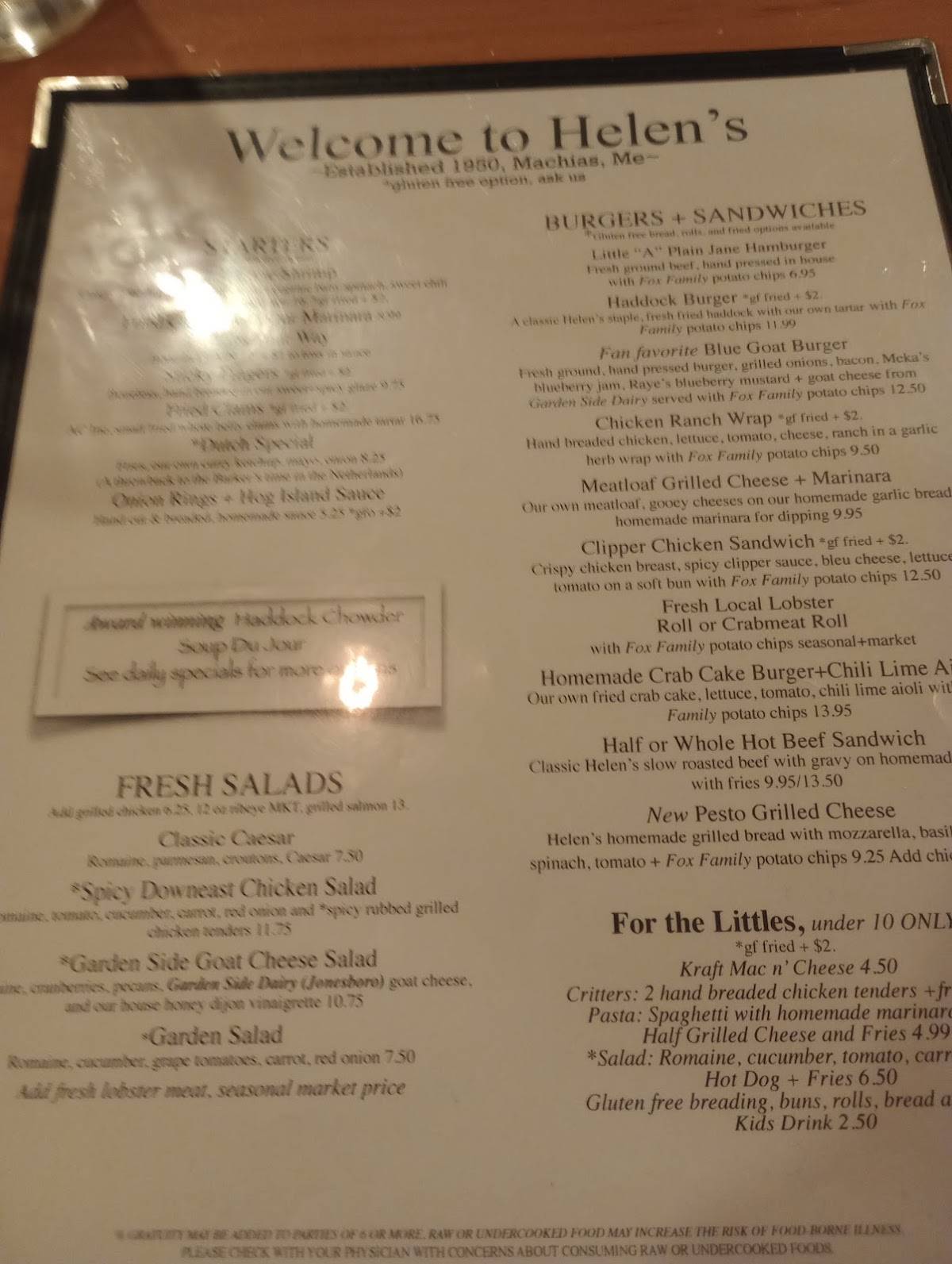 Menu at Helen's Restaurant, Machias, 111 Main St