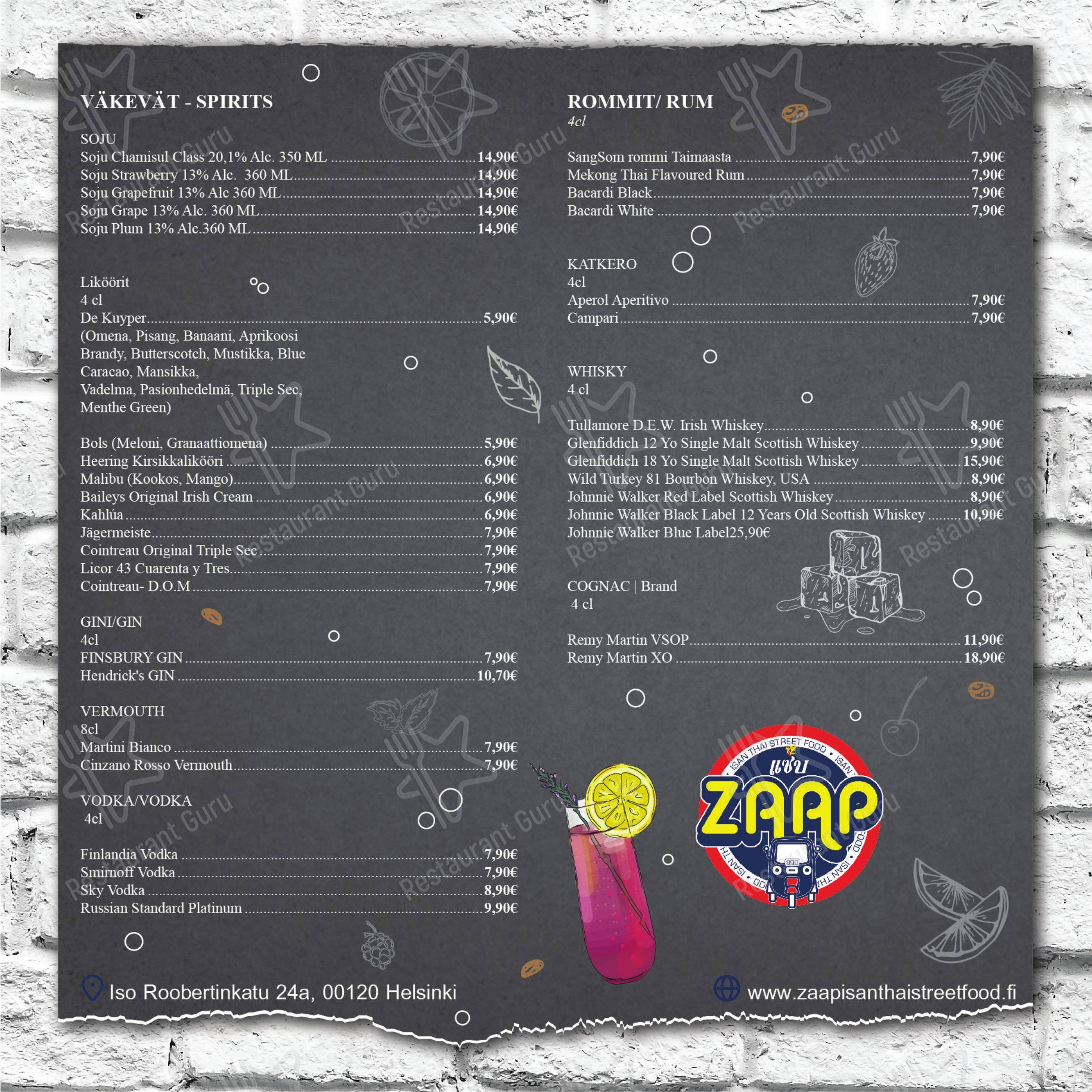 Carta del restaurante Zaap Isan Thai Street Food, Helsinki