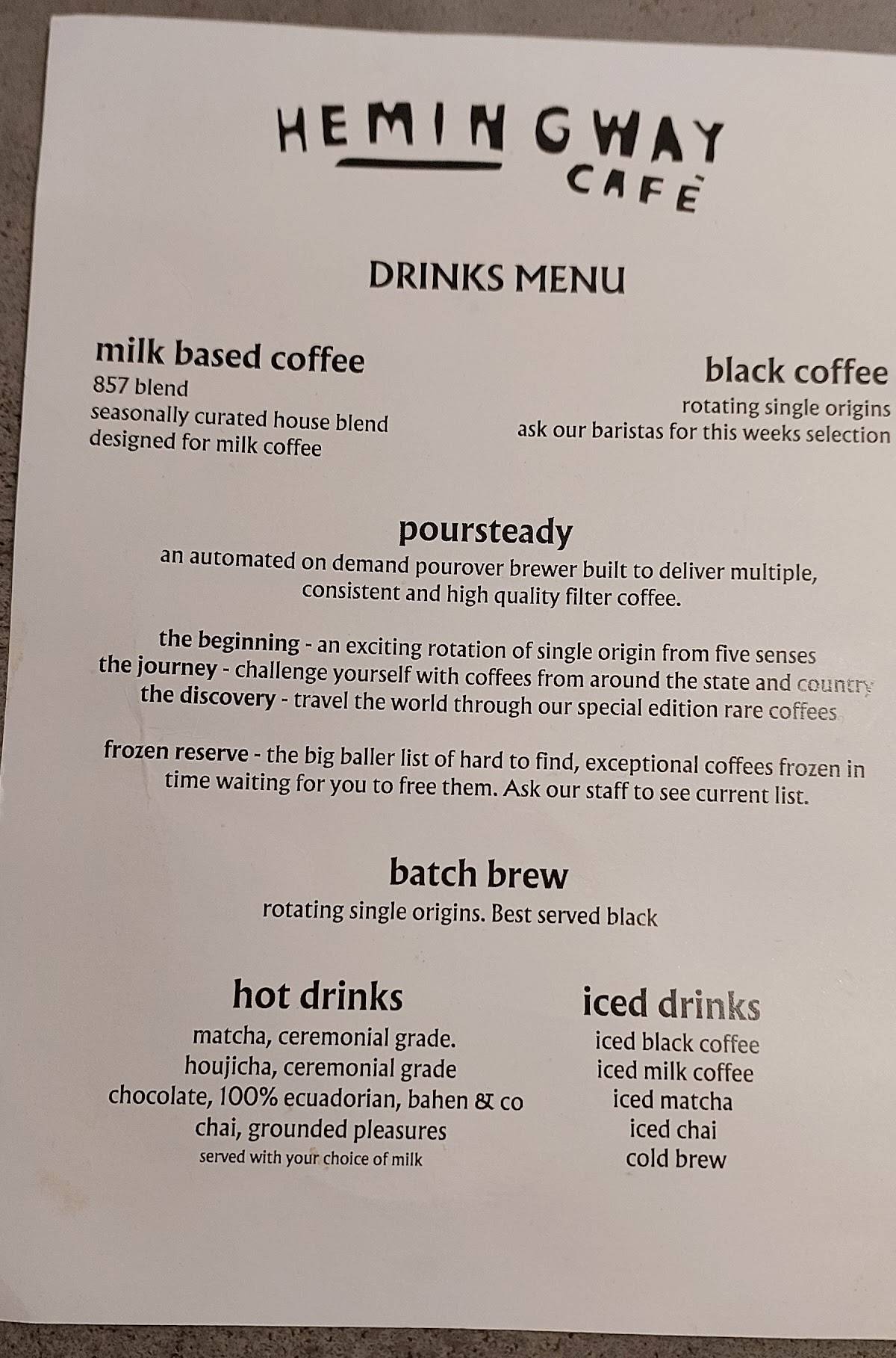 Menu at Hemingway Cafe, Perth