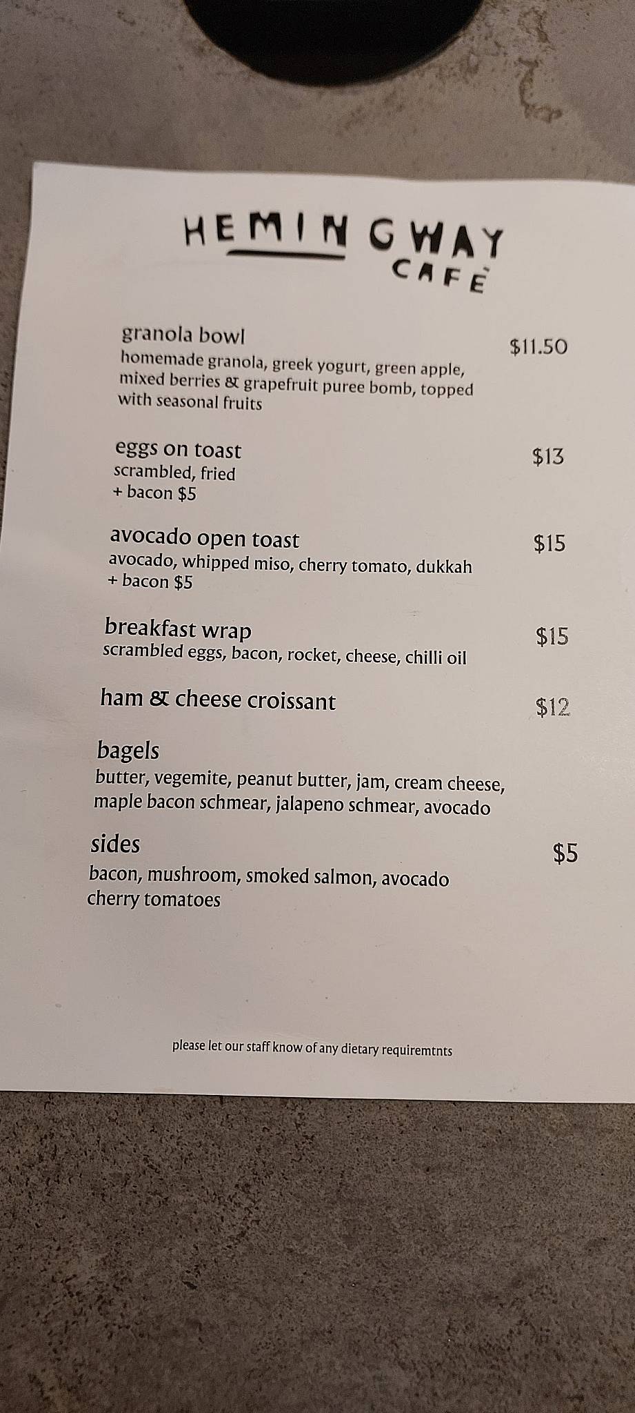 Menu at Hemingway Cafe, Perth