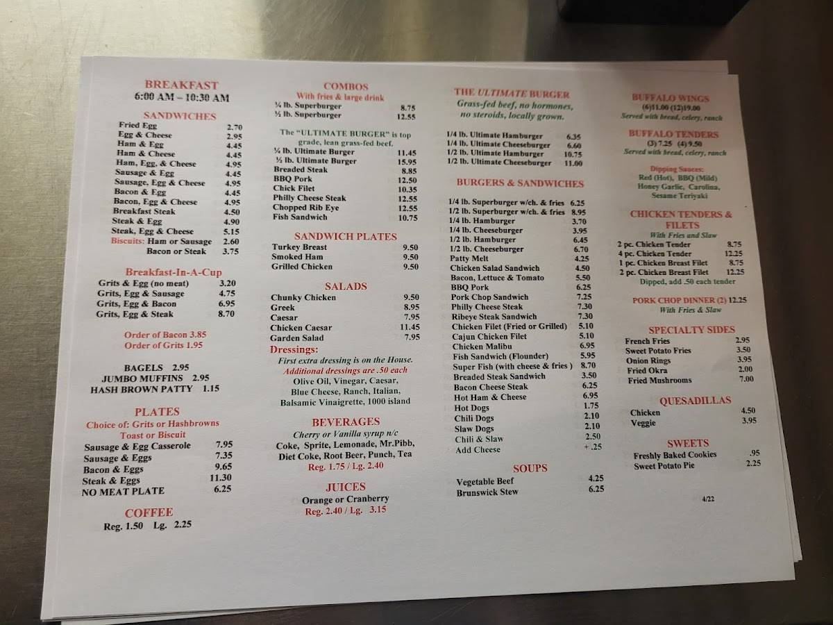 Menu at Henderson’s restaurant, Thomasville