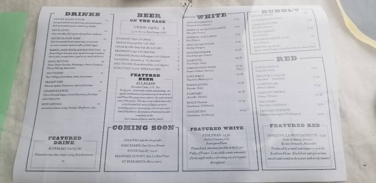 Menu at Henlopen City Oyster House restaurant, Rehoboth Beach