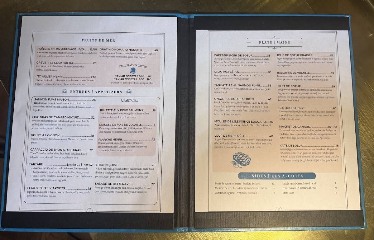 Menu at Henri Brasserie Française + Lounge restaurant, Montréal