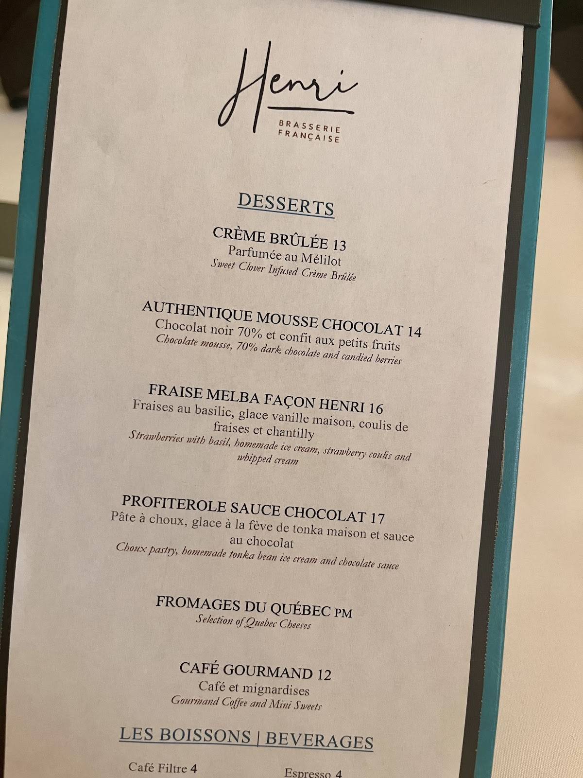 Menu at Henri Brasserie Française + Lounge restaurant, Montréal