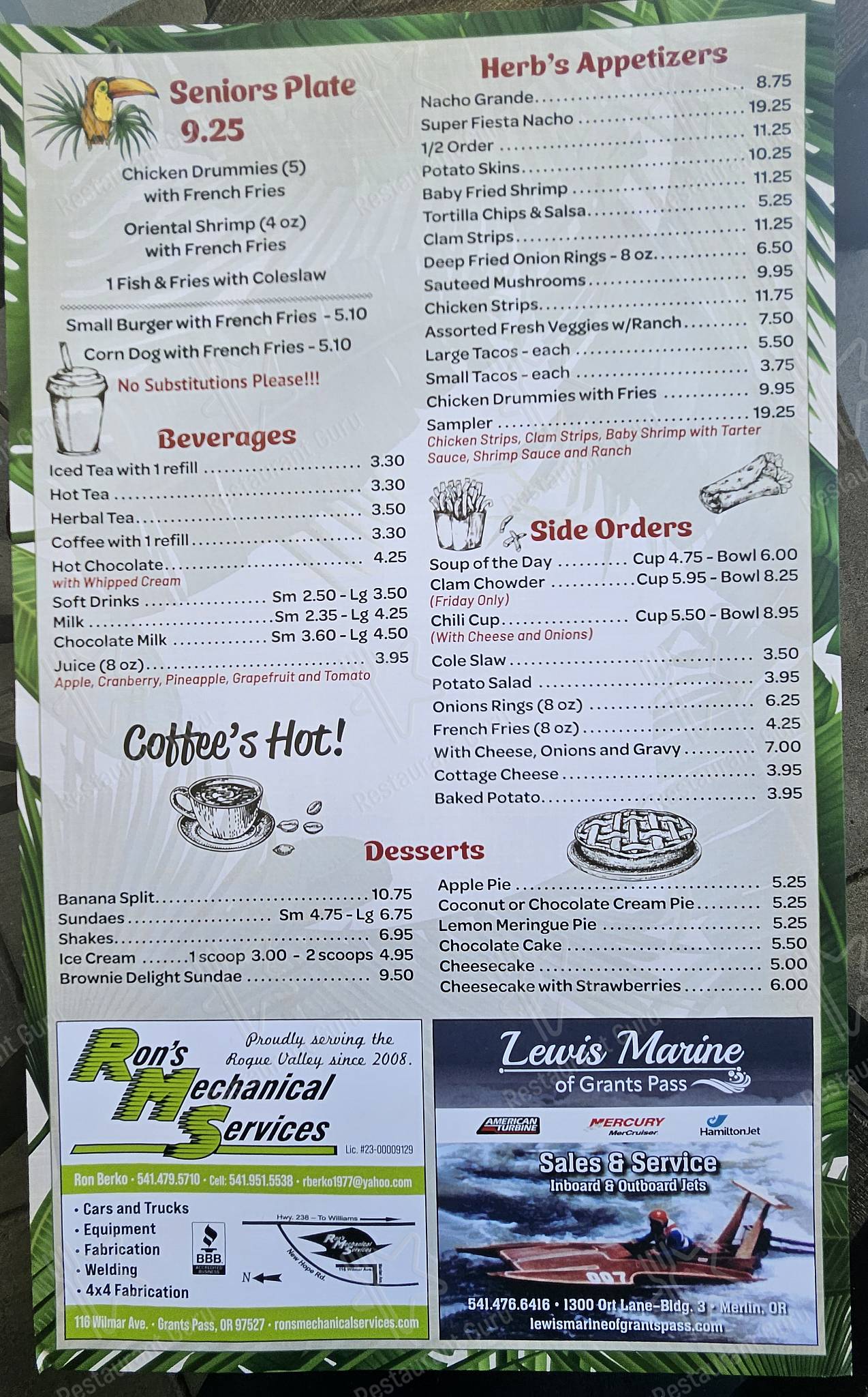 Menu at Herb's Restaurant and Shenanigans Lounge, Grants Pass