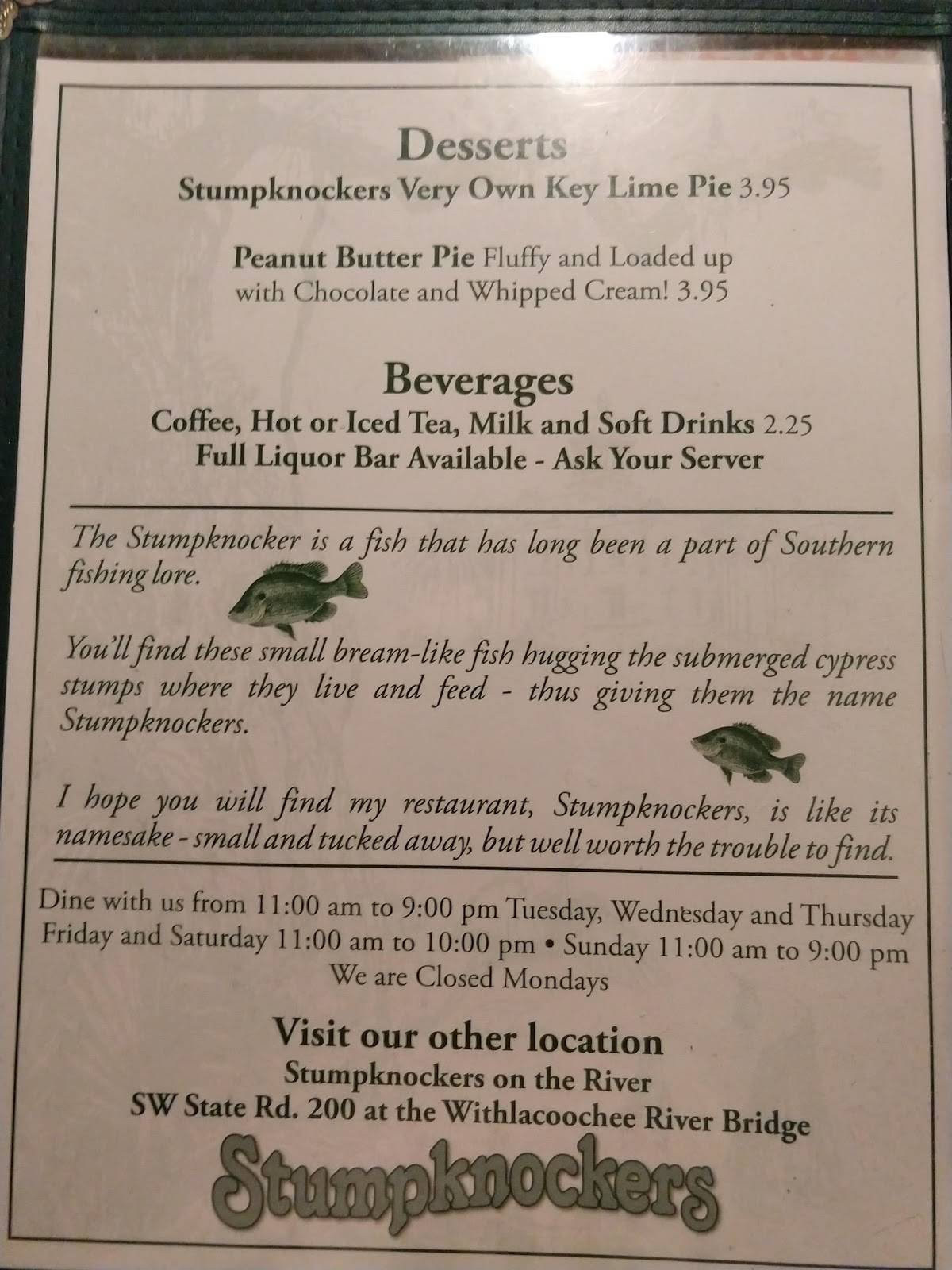 Menu at Stumpknockers Restaurant, Hernando, SW State Rd 200