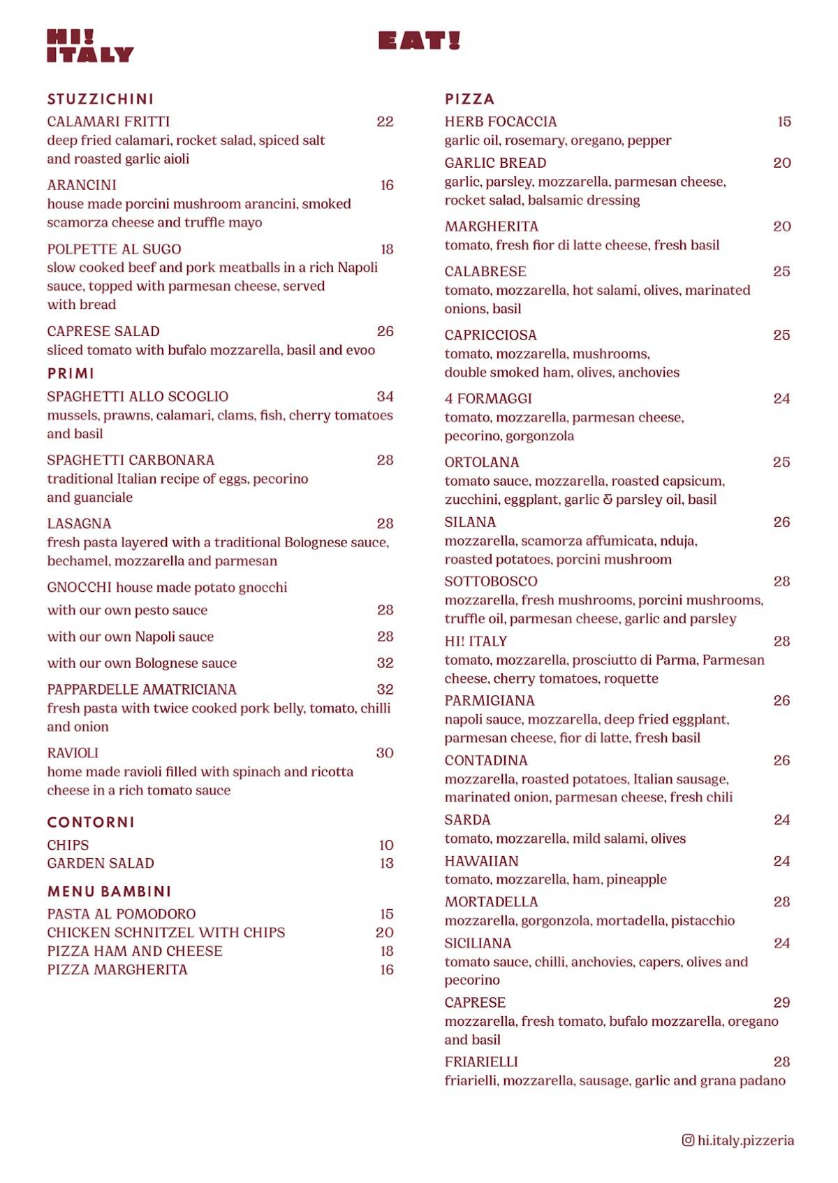Menu at Hi Italy Pizzeria, Reservoir