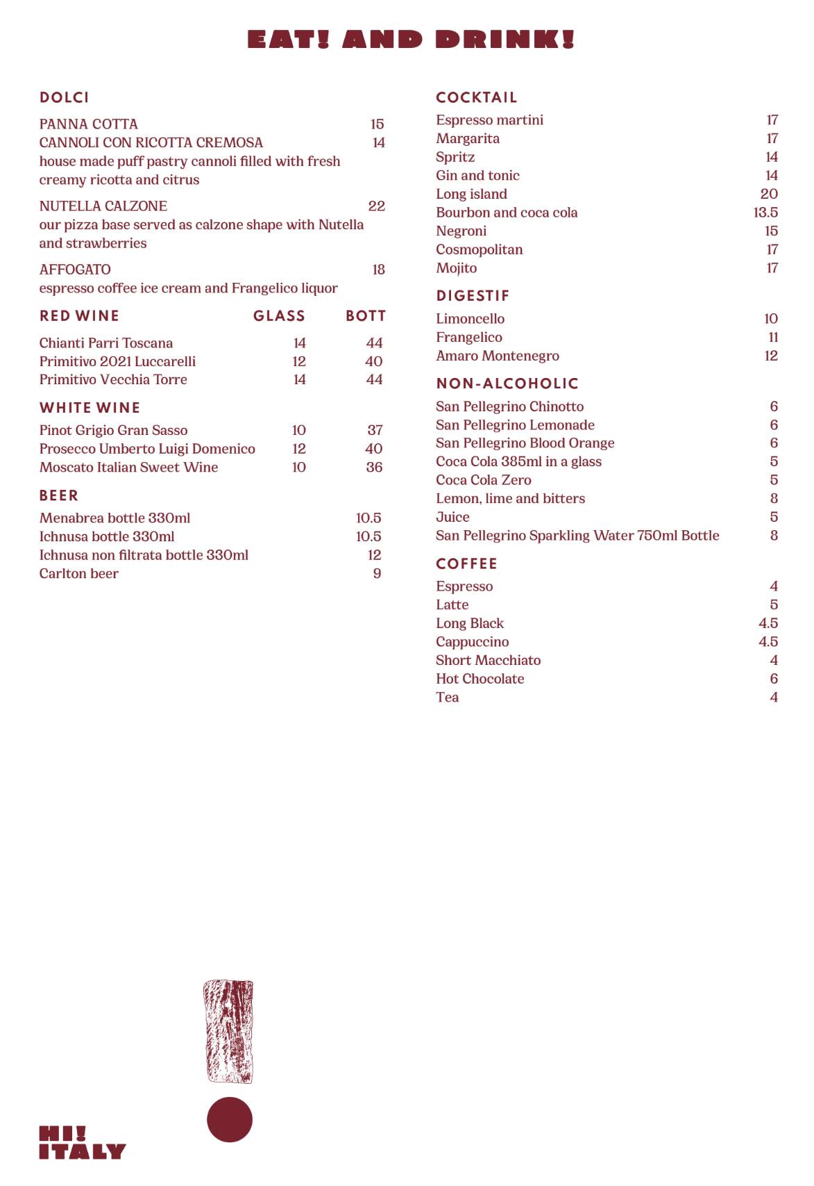 Menu at Hi Italy Pizzeria, Reservoir