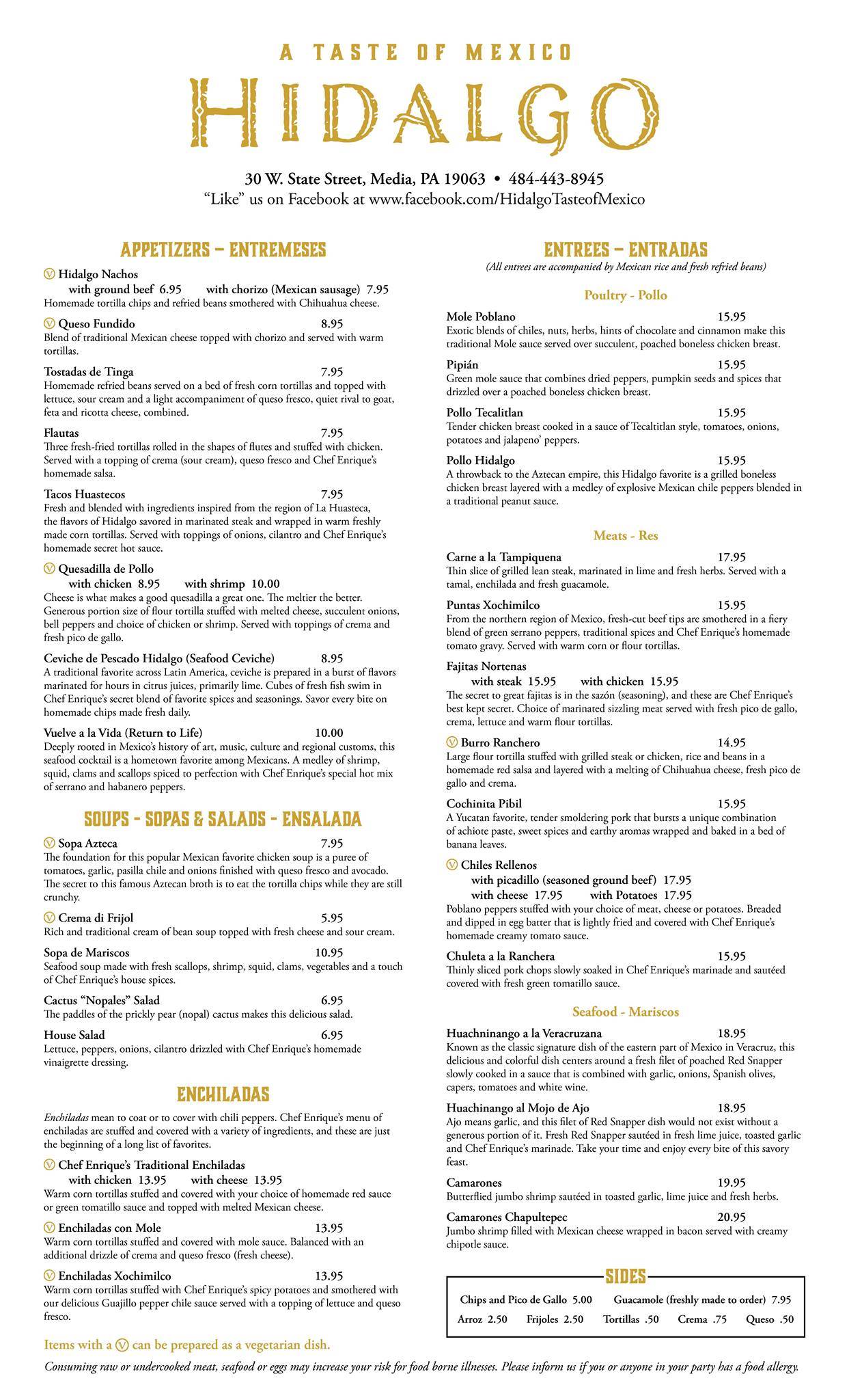 Menu at Hidalgo restaurant, Media