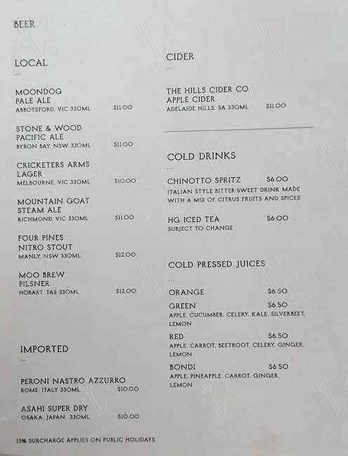 Menu at Higher Ground cafe, Melbourne