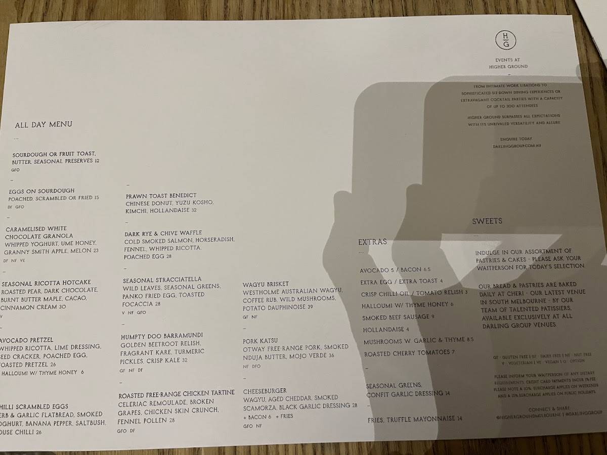 Menu at Higher Ground cafe, Melbourne