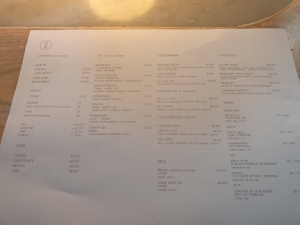 Menu at Higher Ground cafe, Melbourne