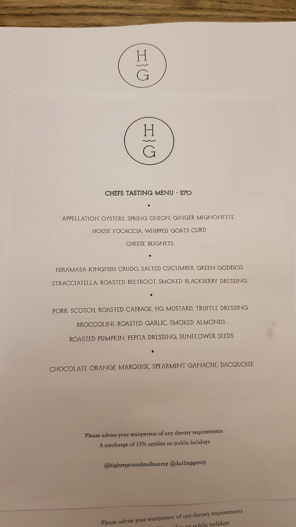 Menu at Higher Ground cafe, Melbourne