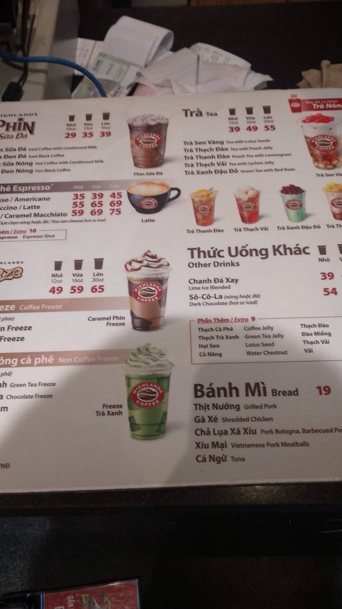 Menu at Highlands Coffee restaurant, Hanoi, 129 Đ. Lê Duẩn
