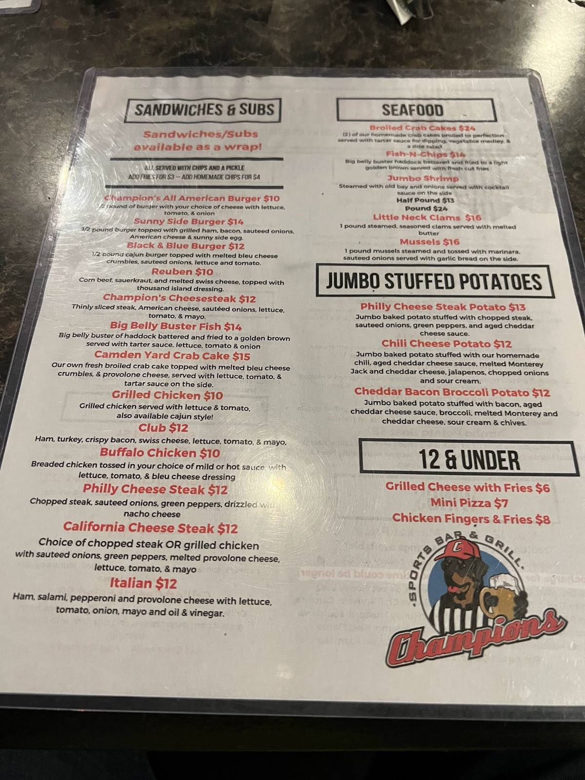 Menu at Champions Sports Bar, Highspire