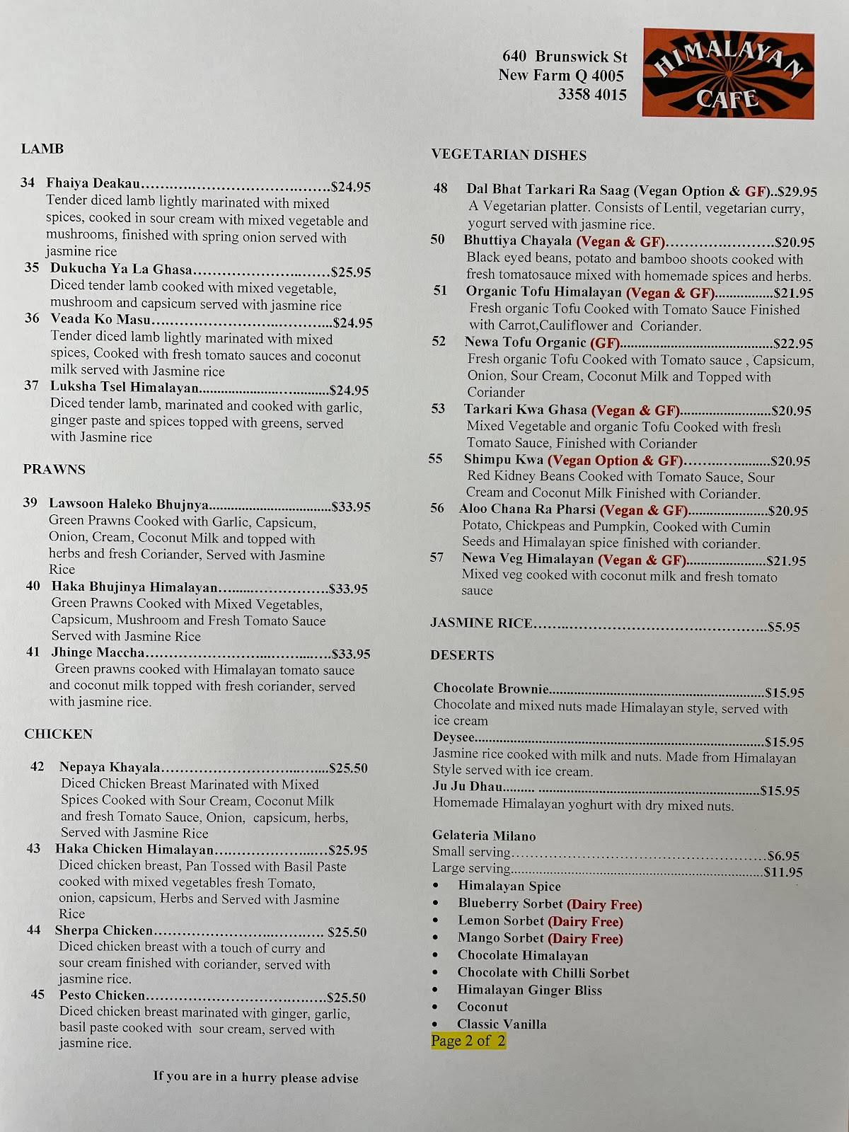 Menu at Himalayan Cafe, New Farm