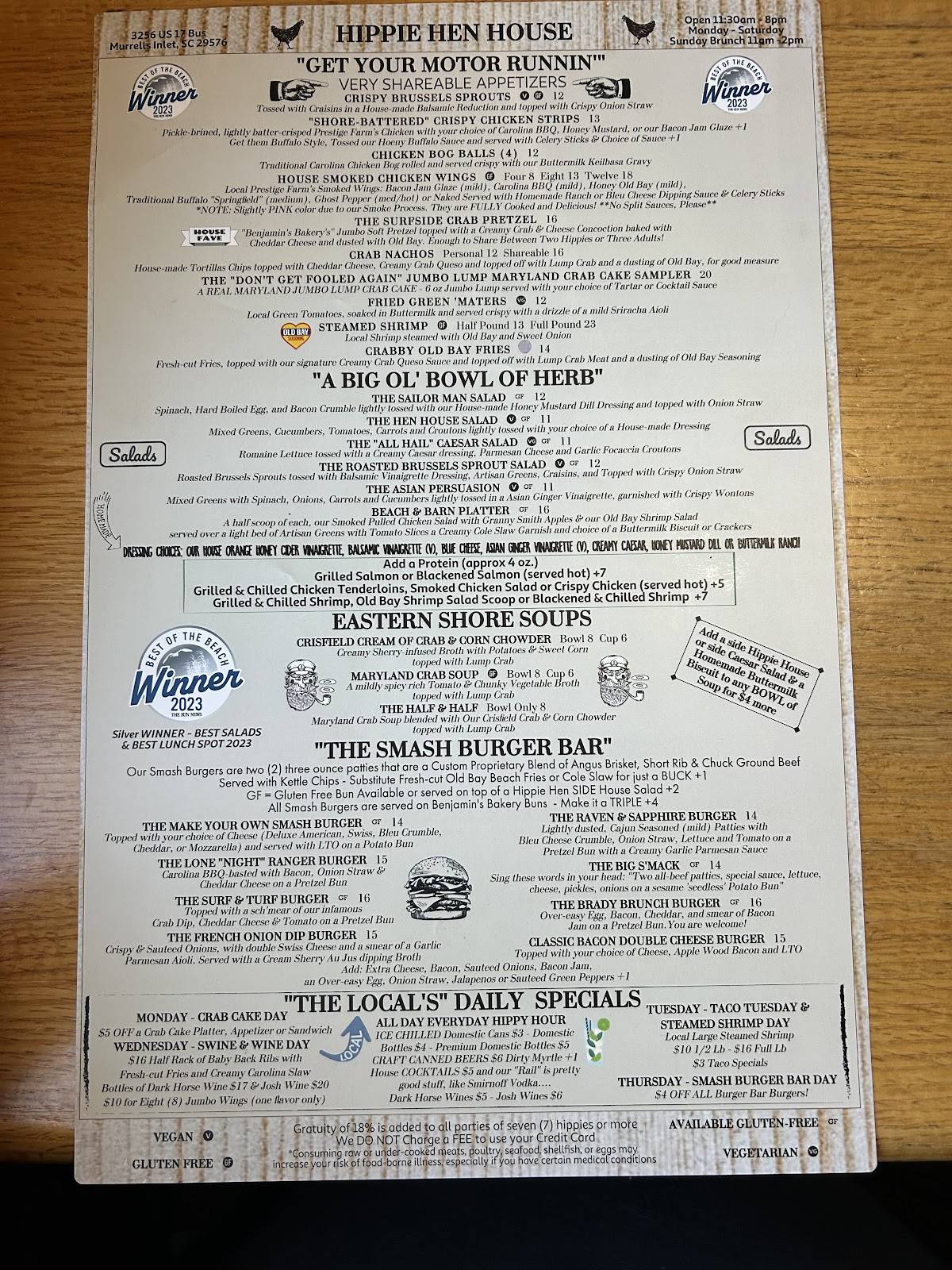 Menu at Hippie Hen House restaurant, Murrells Inlet, US-17 BUS