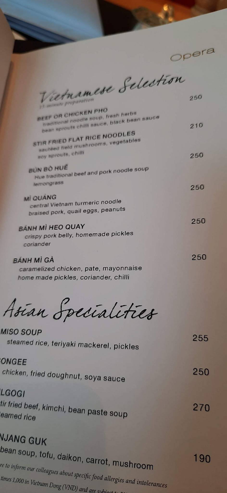 Menu at Opera restaurant, Ho Chi Minh City