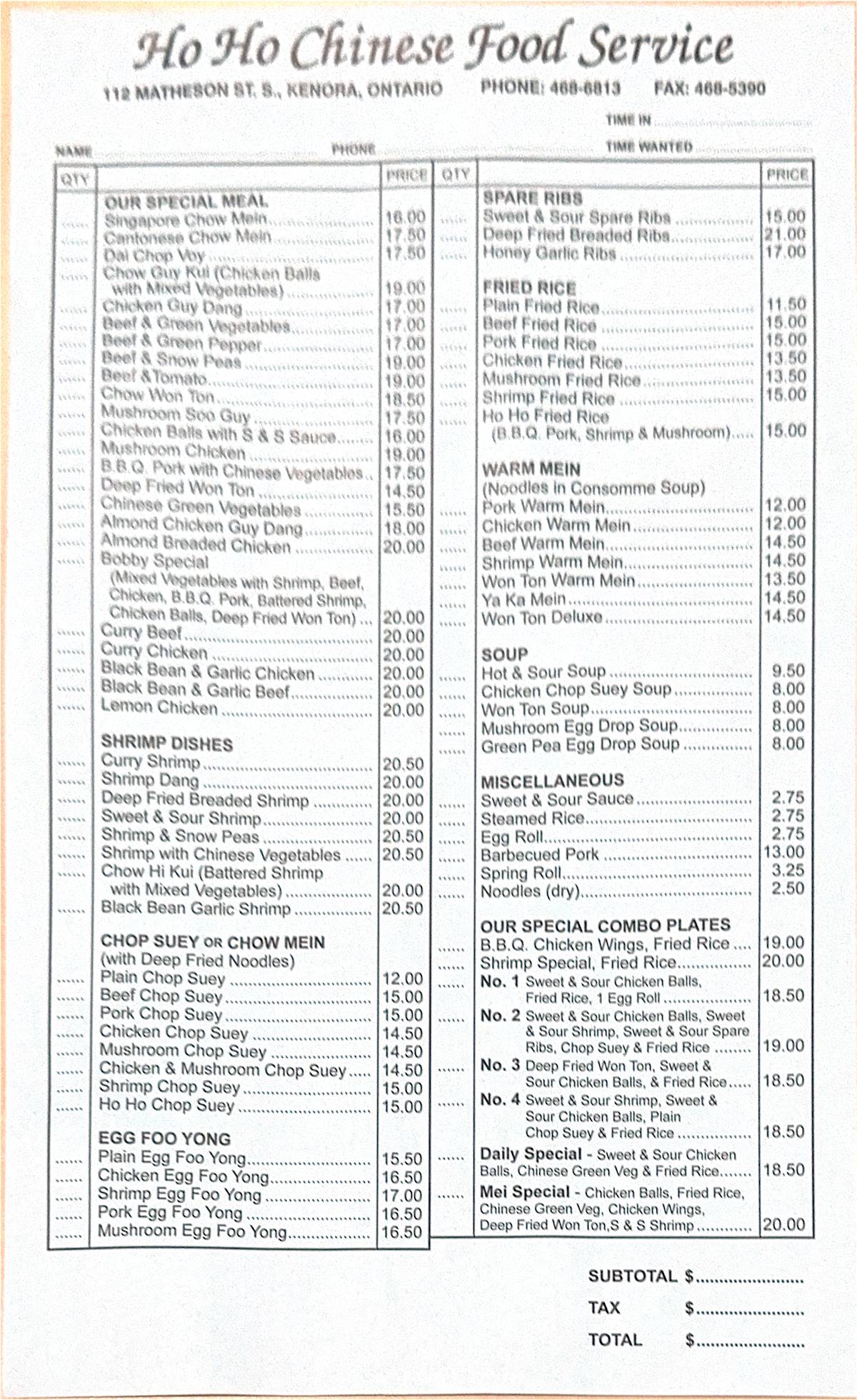 Menu at Ho Ho Chinese Food restaurant, Kenora