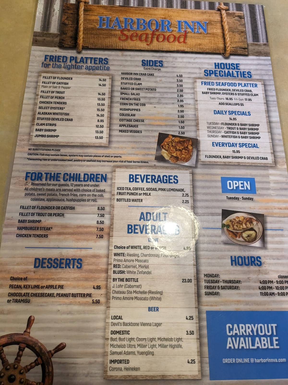 Menu at Harbor Inn Seafood restaurant, Roanoke