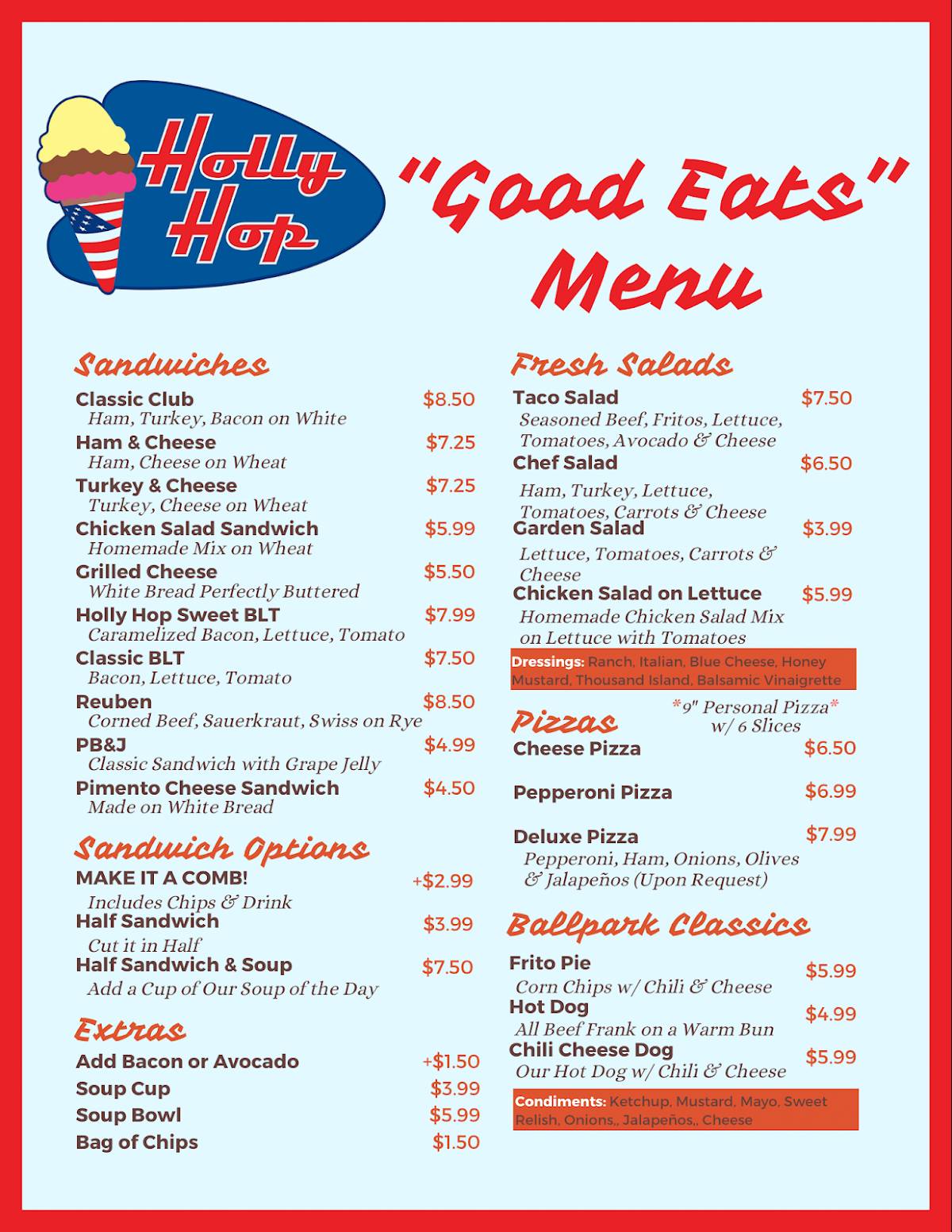 Menu at Holly Hop Ice Cream Shoppe pizzeria, Lubbock