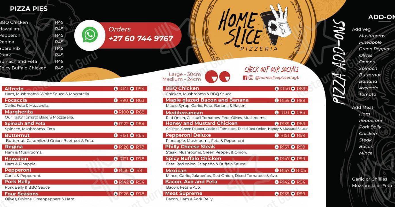 Menu at Home Slice Pizzeria, Groot Brakrivier