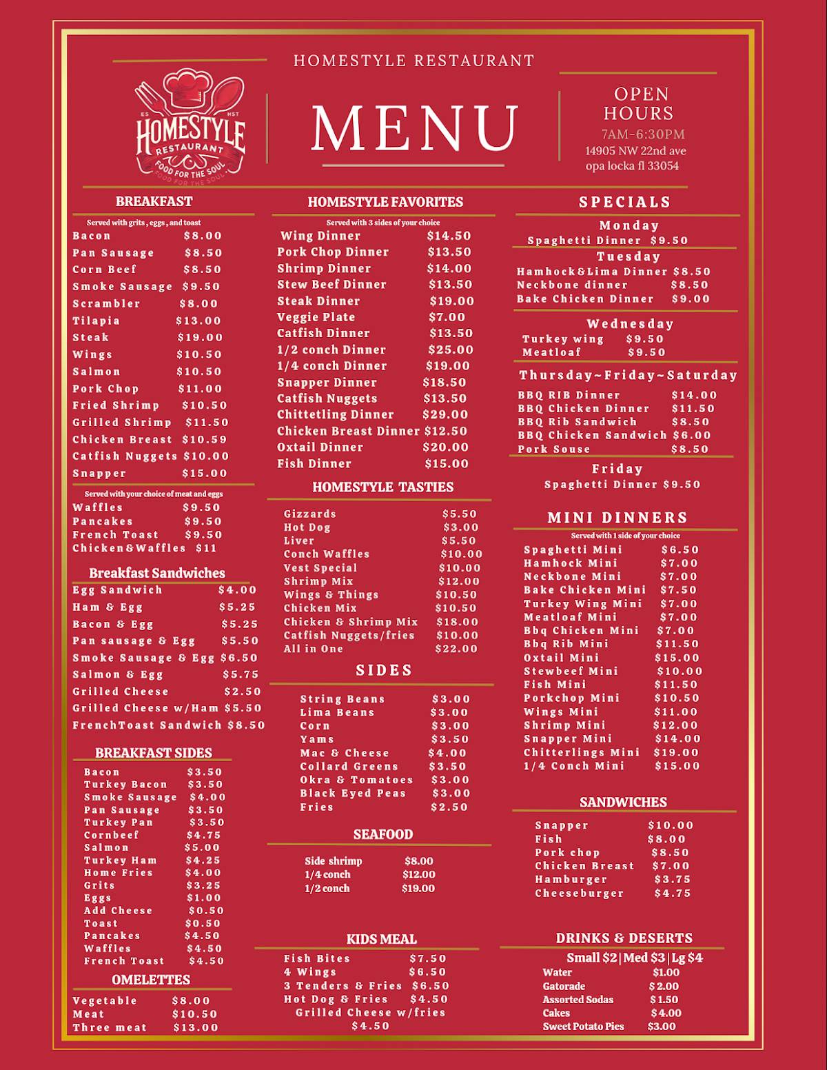 Menu at Home Style Restaurant, Opa-locka