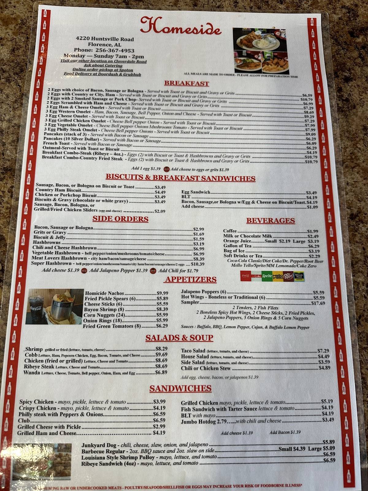 Menu at Homeside Restaurant - Huntsville Rd., Florence, Huntsville Rd