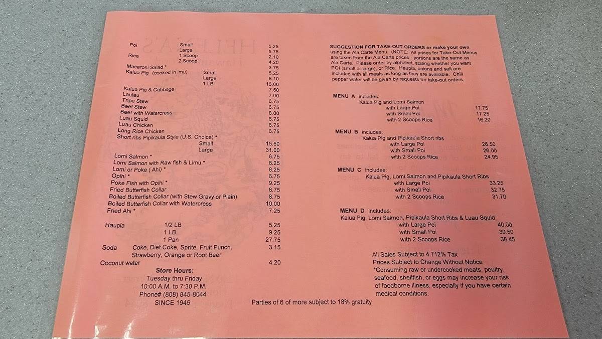 Menu at Helena's Hawaiian Food restaurant, Honolulu