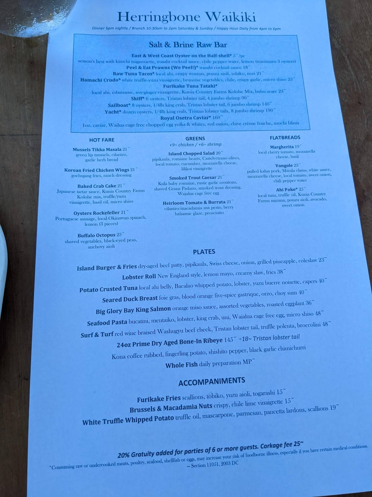 Menu at Herringbone Waikiki pub & bar, Honolulu