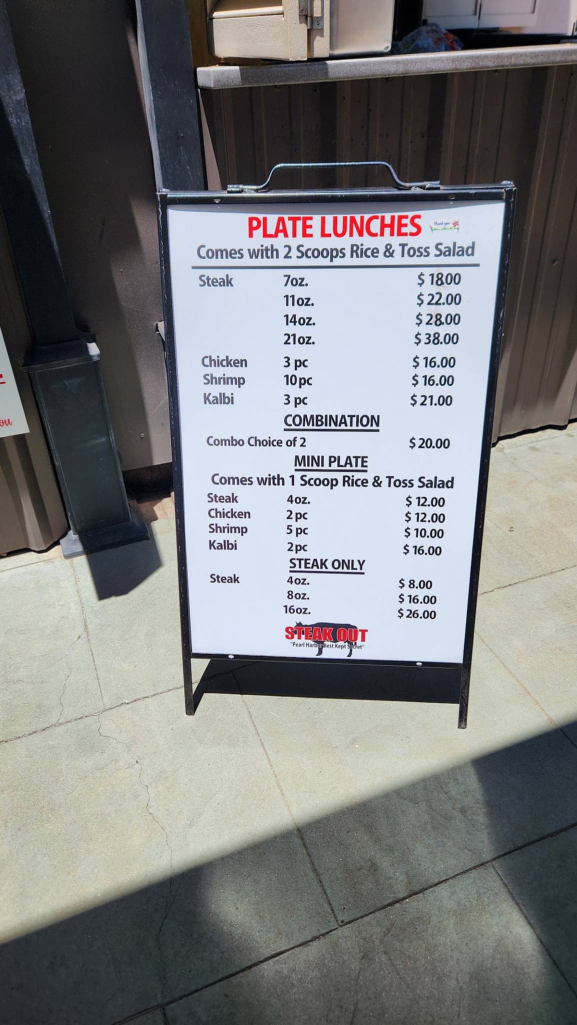 Menu at Steak Out restaurant, Honolulu, 235-237 Pearl Harbor Blvd