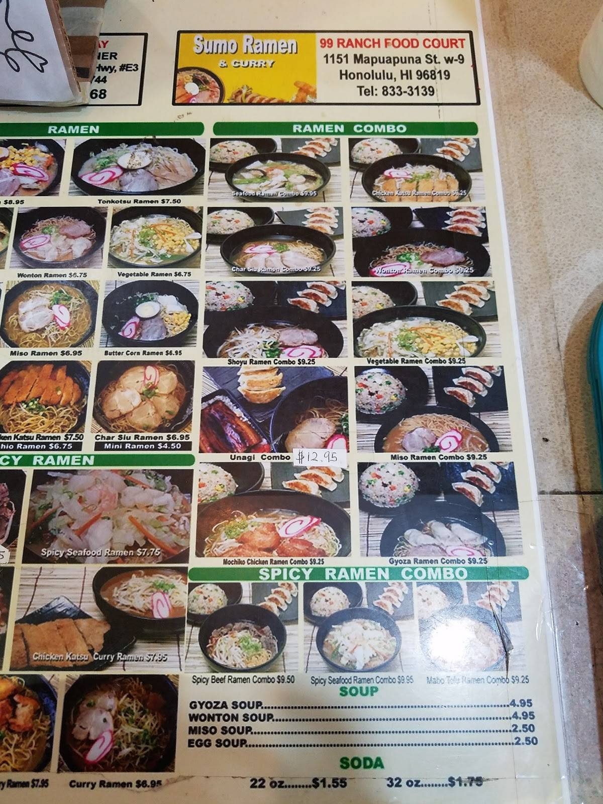 Menu at Sumo Ramen restaurant, Honolulu, Mapunapuna St