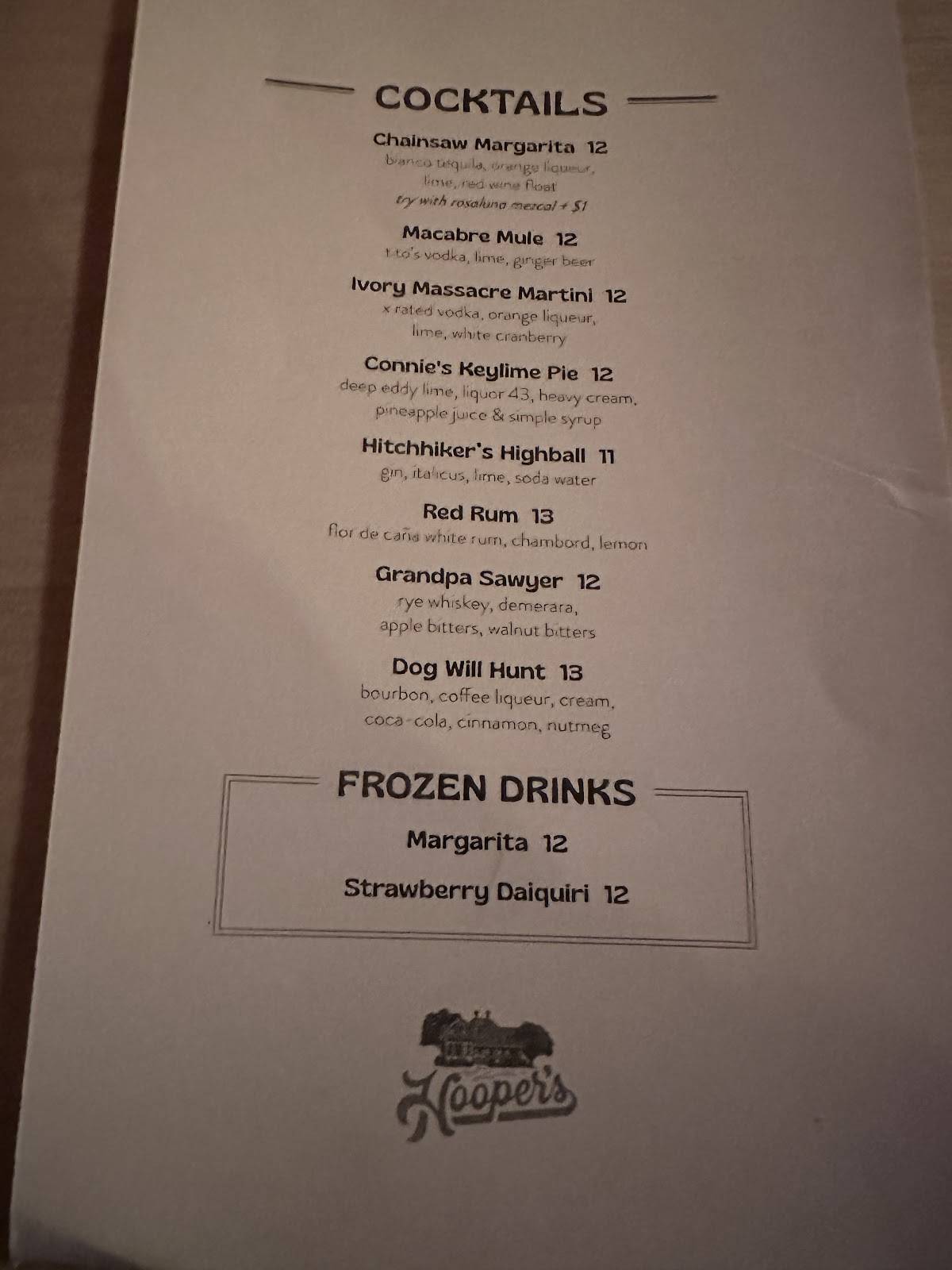 Menu at Hooper's restaurant, Kingsland, King Ct