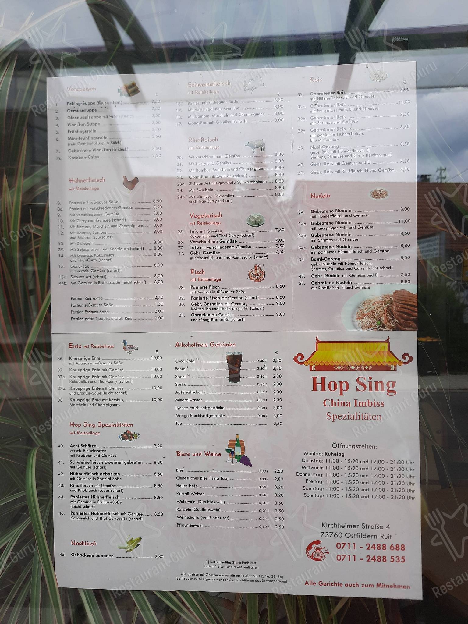 Speisekarte von Hop-Sing China-Imbiss fast Food, Ostfildern