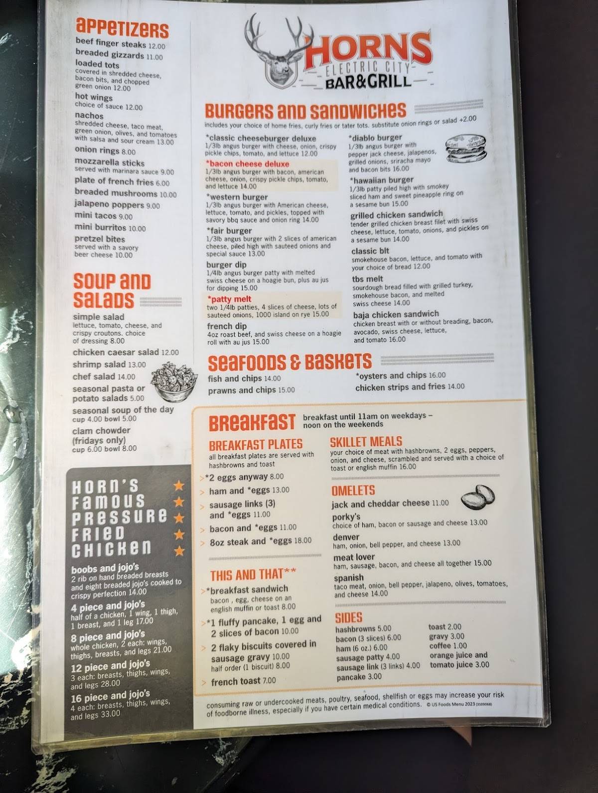 Menu at Horns Electric City Bar & Grill, Electric City