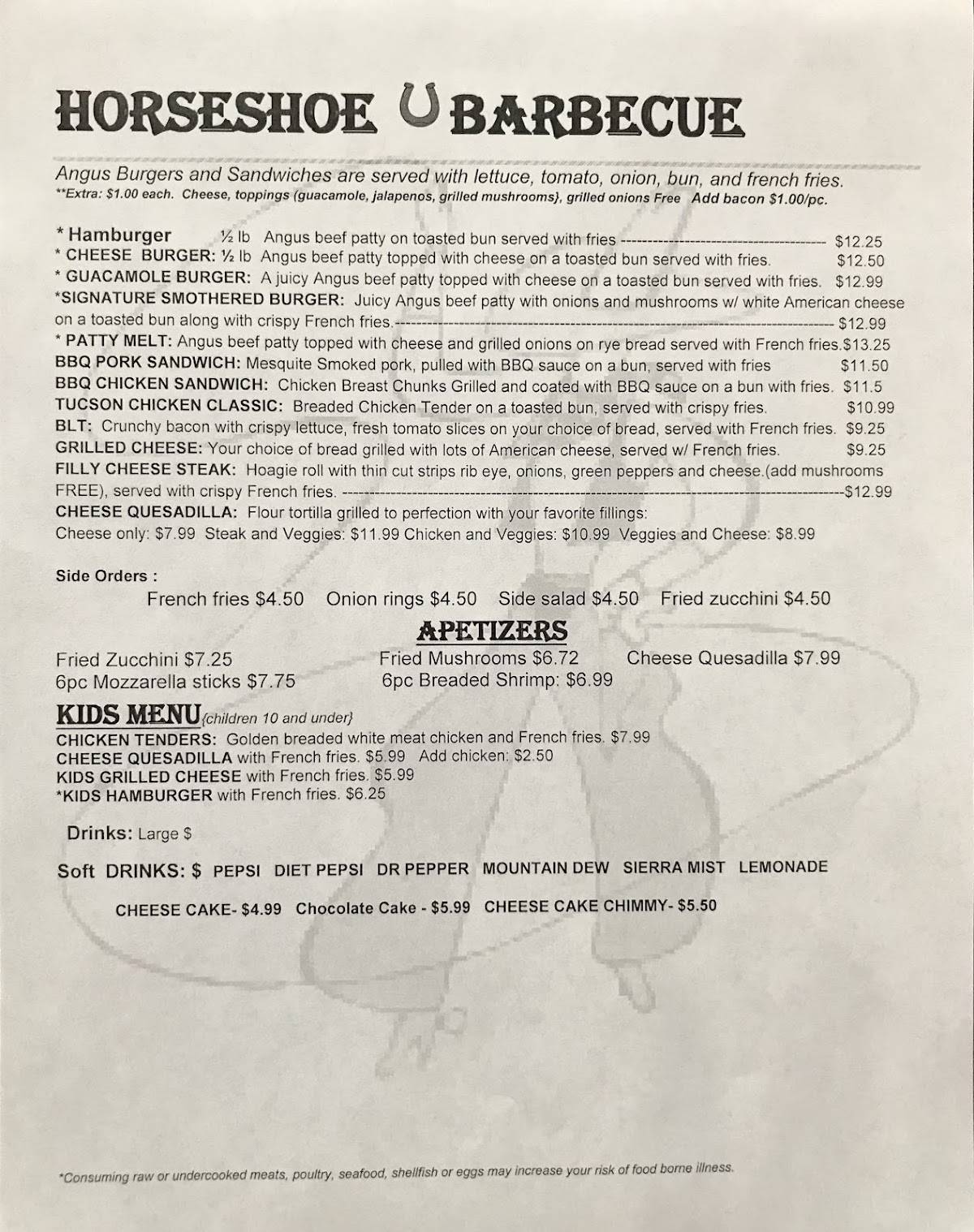 Menu at Horseshoe Barbecue and Bar, Picture Rocks