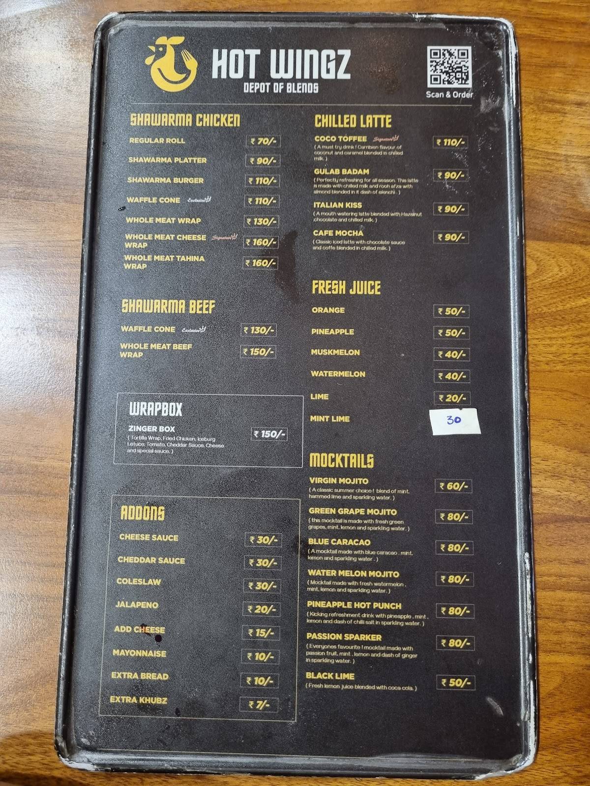 Menu at Hot Wingz, Vengara
