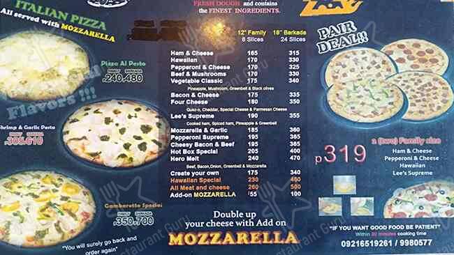 Menu at HotBox Pizza restaurant, Manila