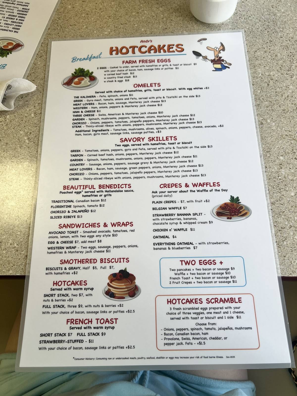 Menu at Hotcakes restaurant, Tarpon Springs