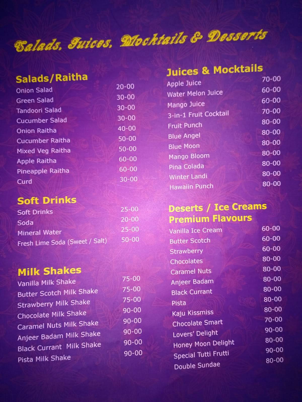 Menu at Hotel Sasya, Warangal